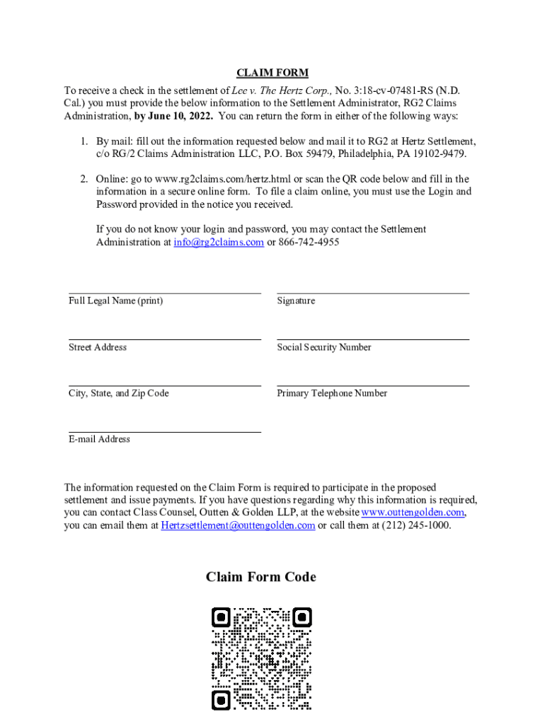 Fillable Online File A Claim Form OnlineThe Hertz Corporation ...