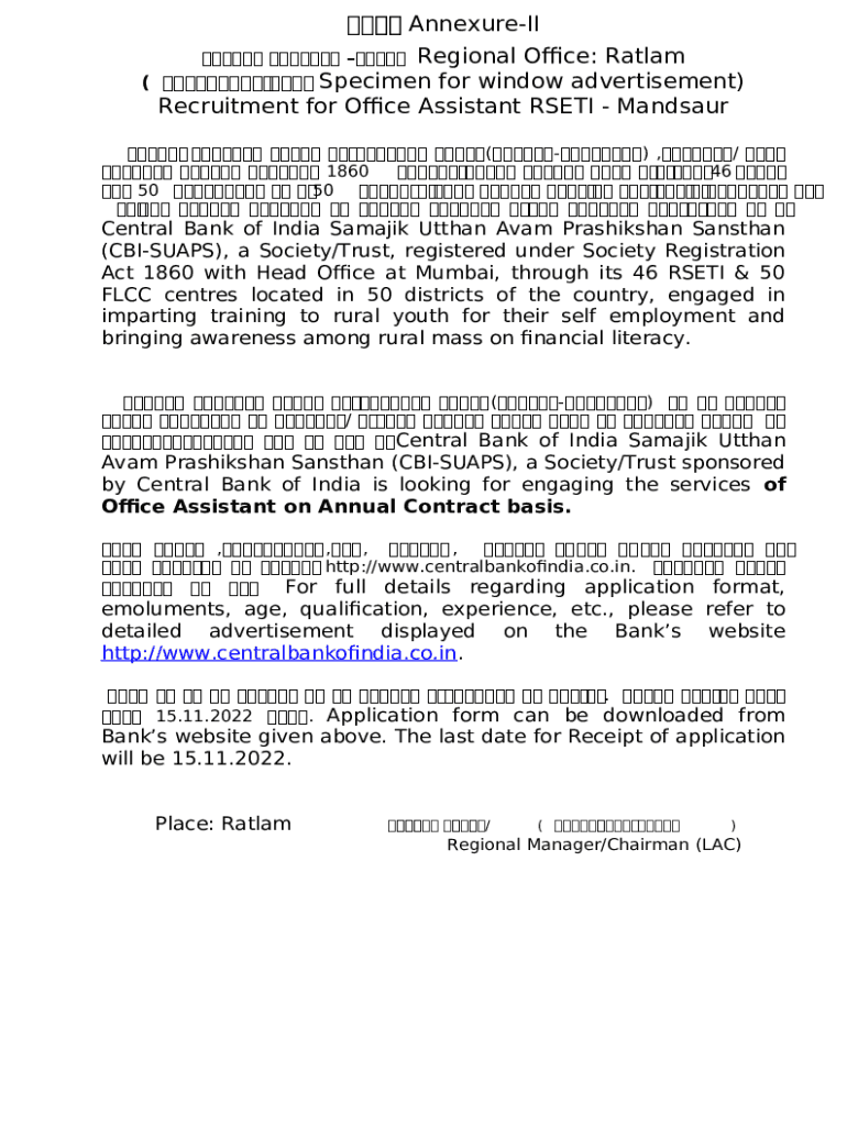 CENTRAL BANK OF INDIA-Regional office, RATLAM Doc Template | pdfFiller