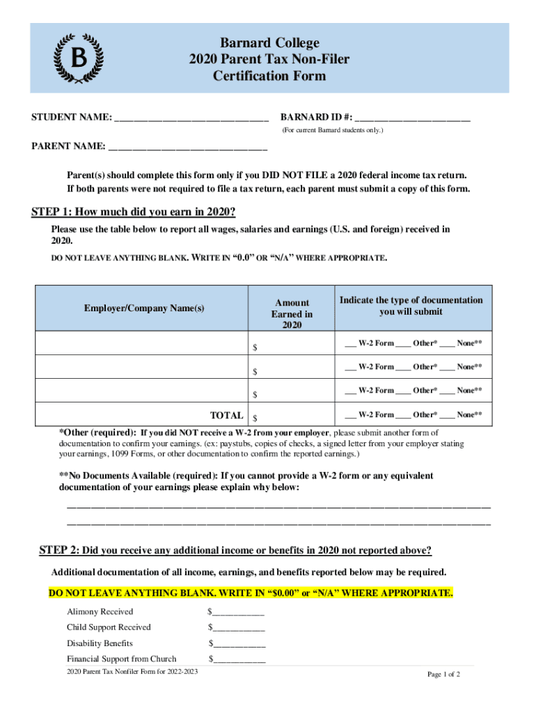 Fillable Online 2020 Parent Tax Non-Filer Fax Email Print - pdfFiller