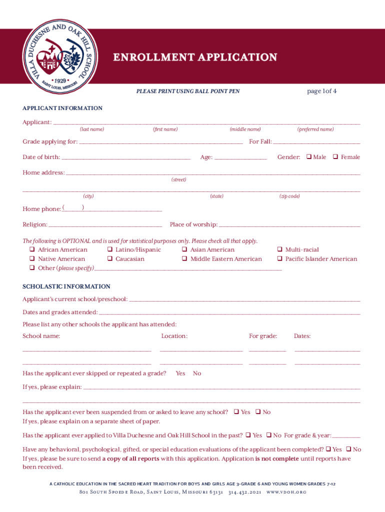 Fillable Online ENROLLMENT APPLICATION - Villa Duchesne Fax Email Print - pdfFiller