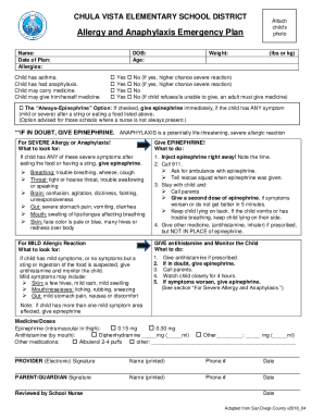 Fillable Online Allergy and Anaphylaxis Emergency Plan CHULA VISTA ...