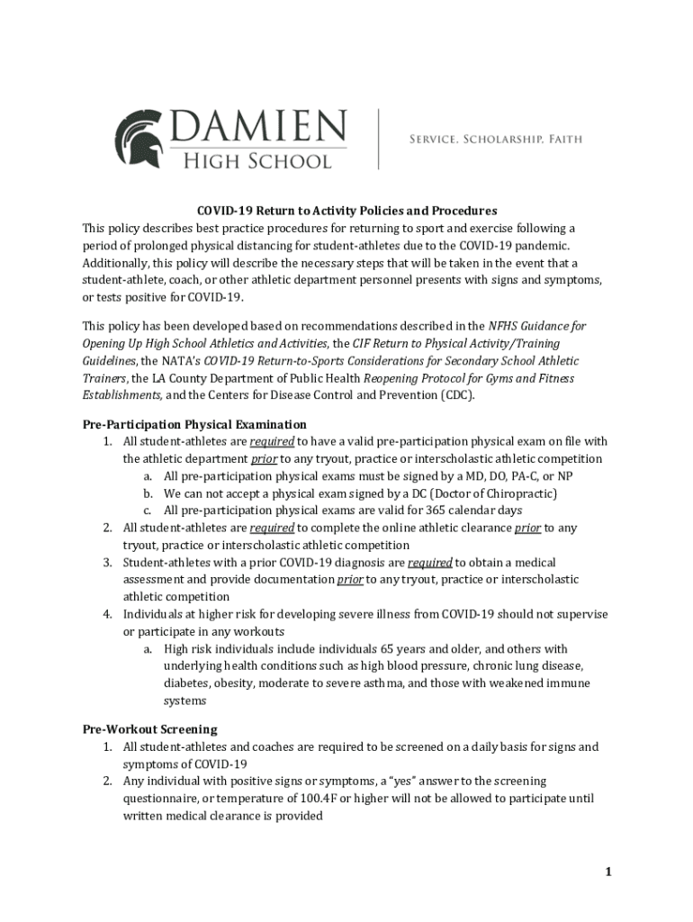 Fillable Online 1 COVID-19 Return to Activity Policies and Procedures ...