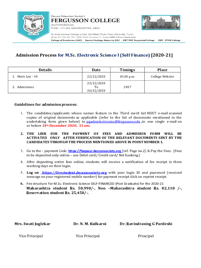 Fillable Online Admission Process for M.Sc. Electronic Science I (Self ...