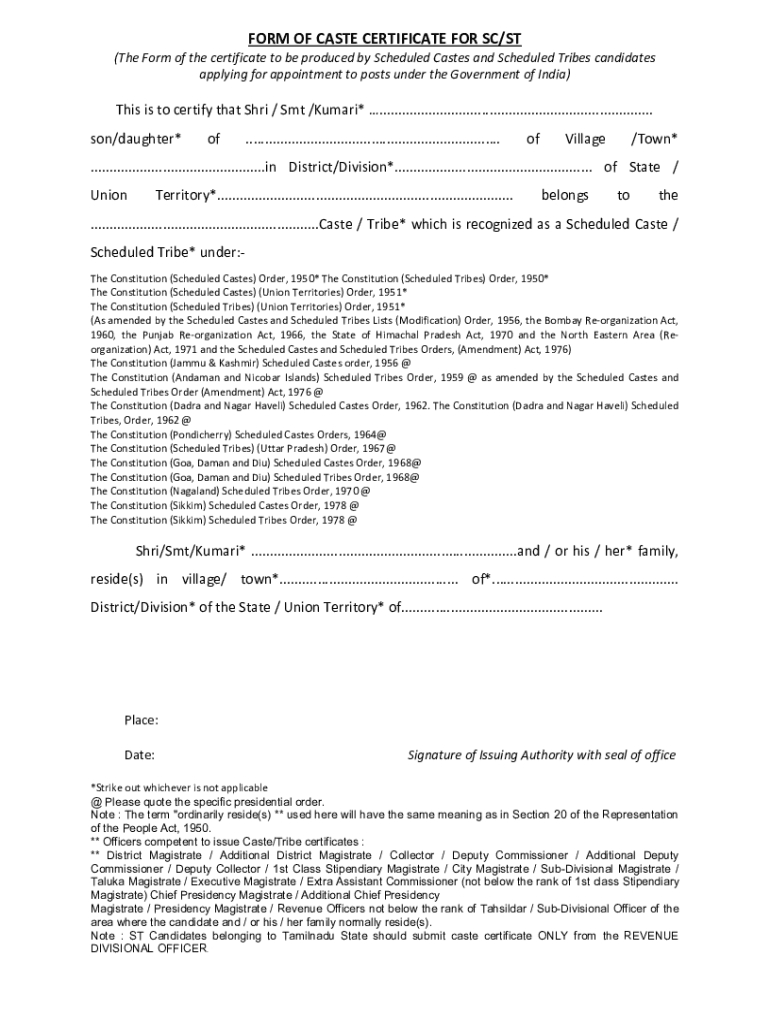 Fillable Online form of certificate to be produced by scheduled castes ...