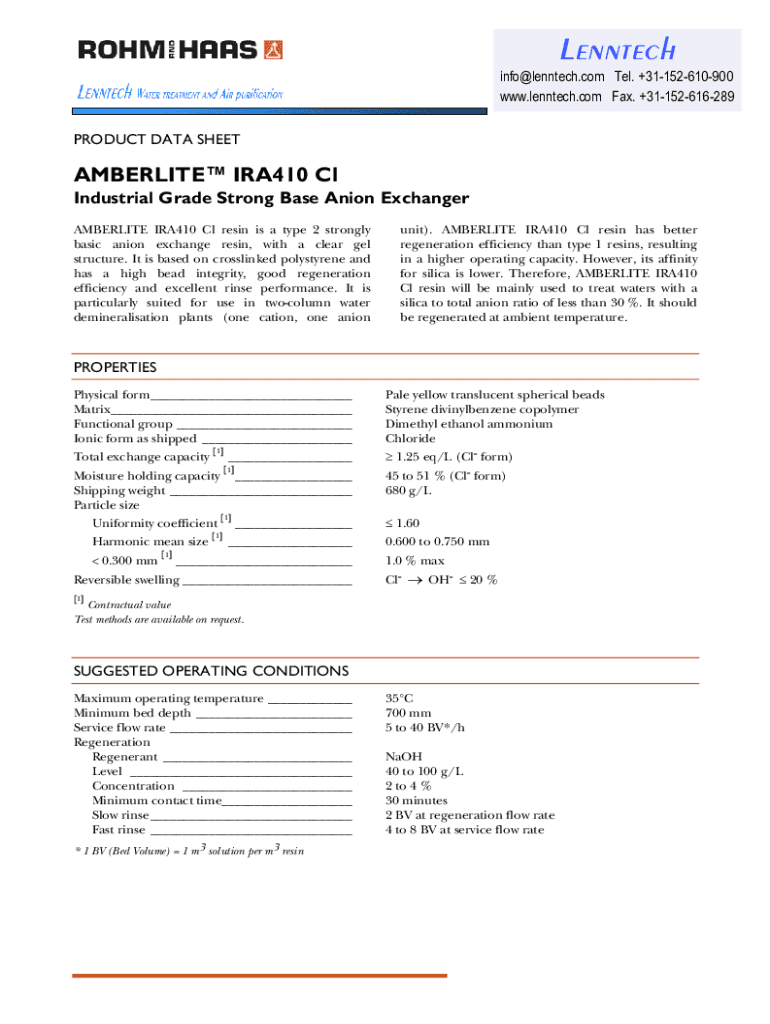 Fillable Online AMBERLITE IRA410 Cl -- Technical Data Sheet. Rohm and Haas AMBERLITE IRA410 Cl ...