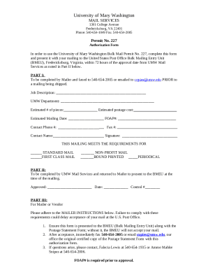 Bulk Mail Authorization - Post Office - adminfinance umw Doc Template ...