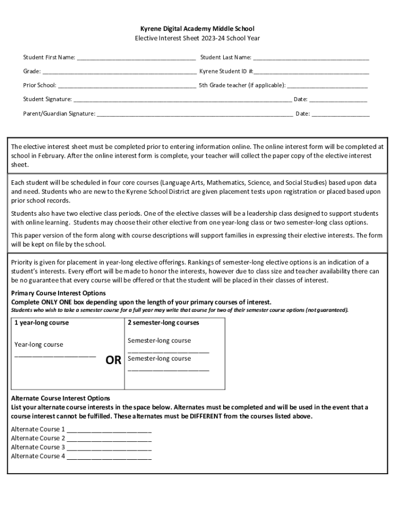 Fillable Online Kyrene Digital Academy Middle School Elective Interest ...
