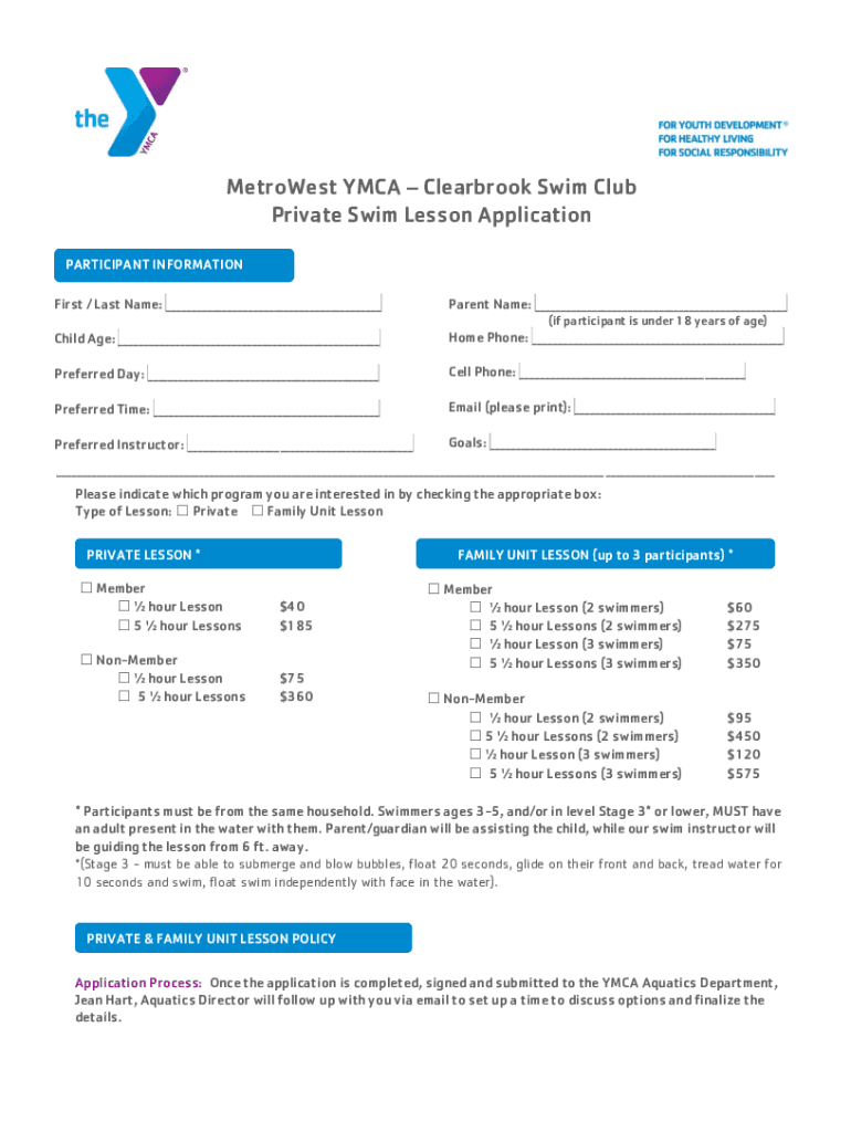 Fillable Online Clearbrook Swim Club Private Swim Lesson Application Fax Email Print - pdfFiller