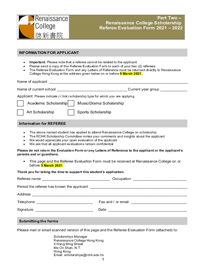 Fillable Online Renaissance College Scholarship Referee Evaluation Form ... Fax Email Print ...
