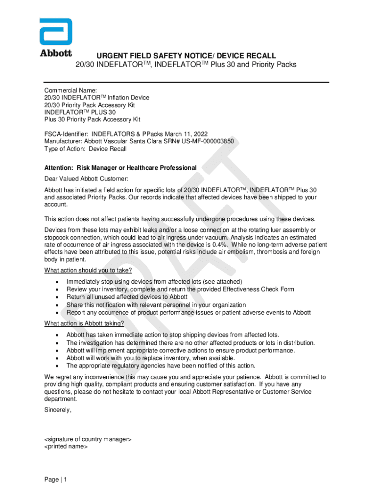 Fillable Online Medical Device Field Safety Notice (Outside of US ...