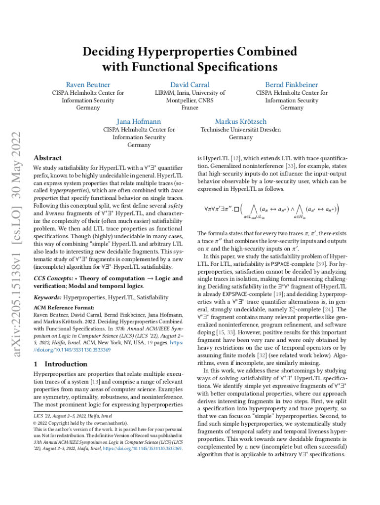 Fillable Online www-sop inria Deciding Hyperproperties Combined with Functional Specifications ...