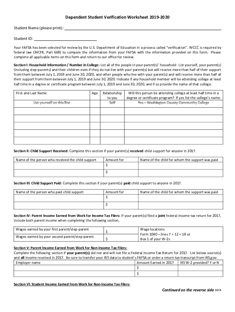 Fillable Online 2019-2020 Dependent Standard Verification Worksheet (V1/V5) Fax Email Print ...