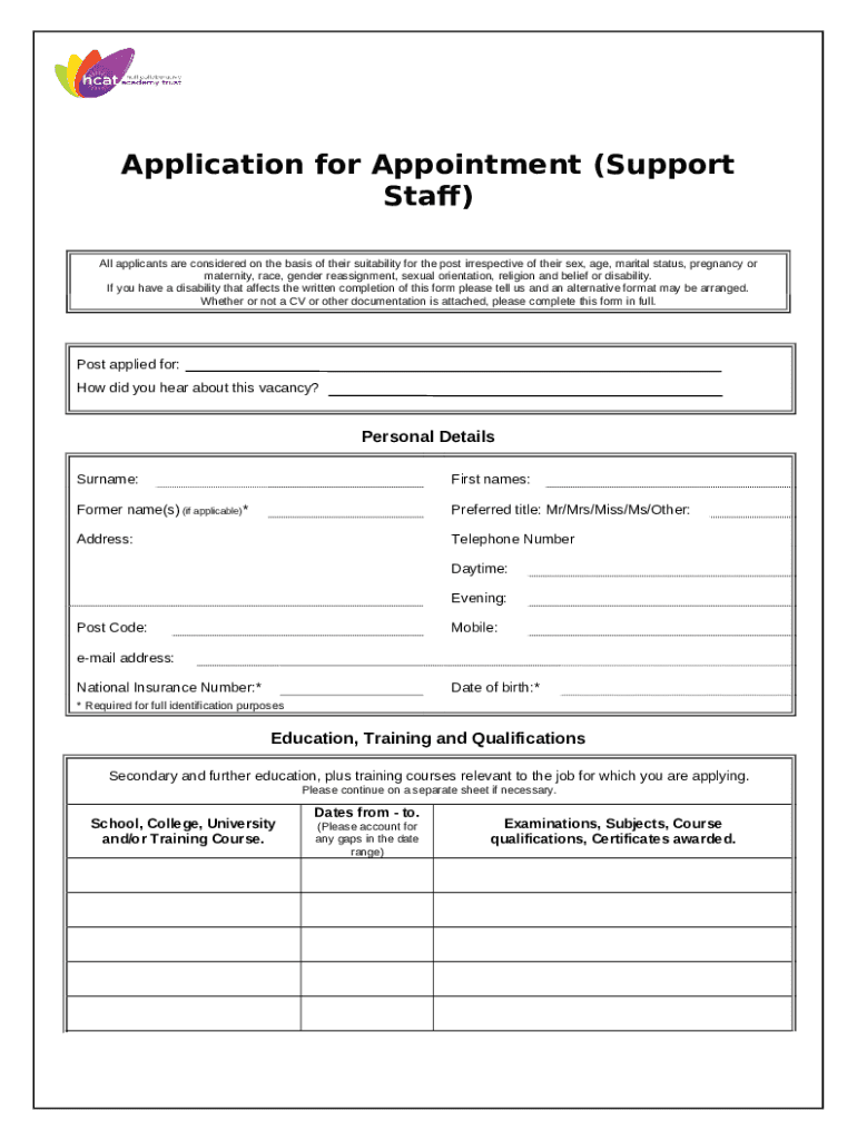 Application Support staff - Pearson Primary School Doc Template | pdfFiller