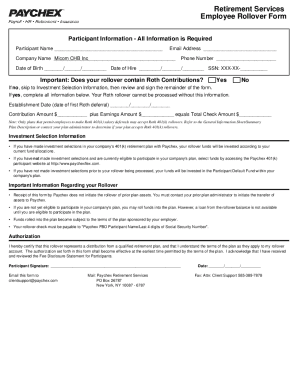 Fillable Online Retirement Services Employee Rollover Form - Paychex ...