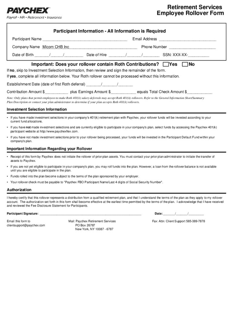 Fillable Online Retirement Services Employee Rollover Form - Paychex ...