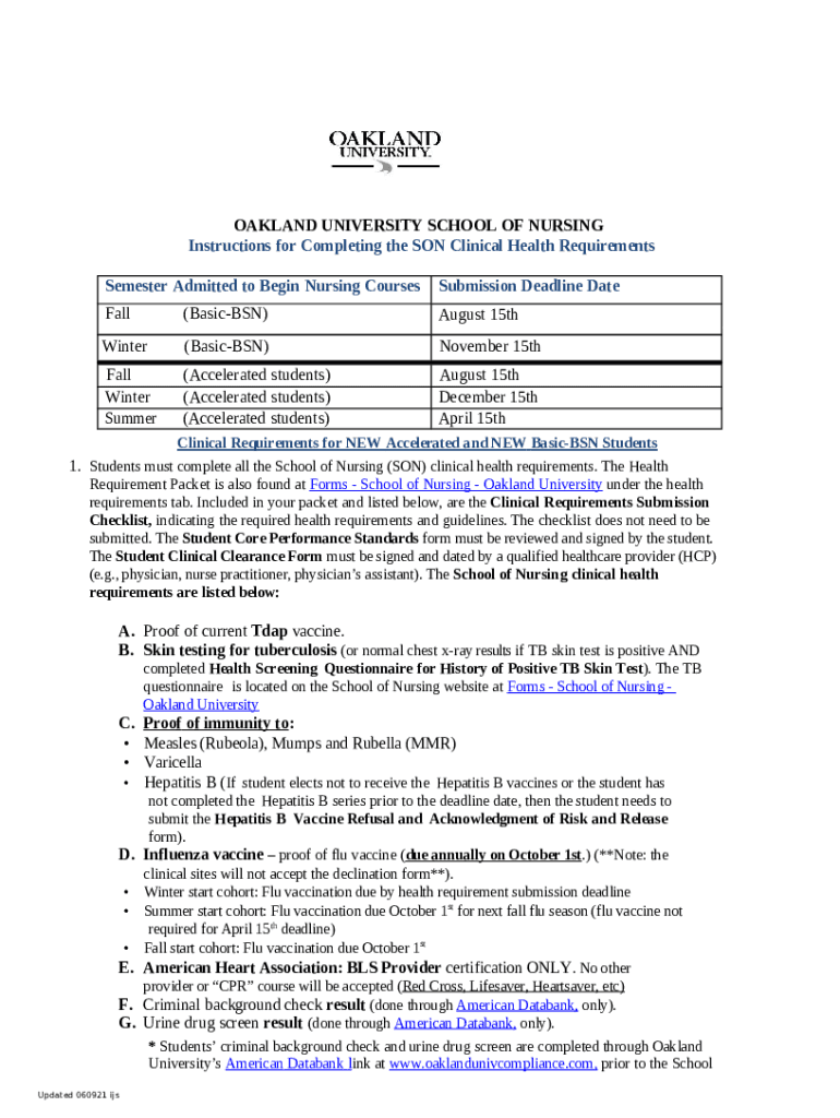 SON Clinical Health Requirement Packet ... - Oakland University Doc ...