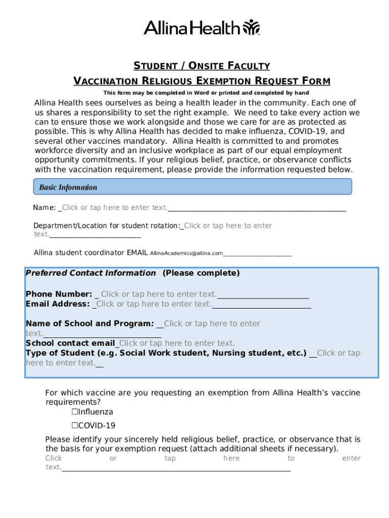 VACCINATION RELIGIOUS EXEMPTION REQUEST Doc Template | pdfFiller