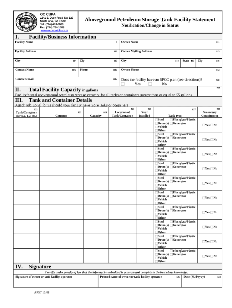 Aboveground Storage Tank Facility Statement Doc Template | pdfFiller