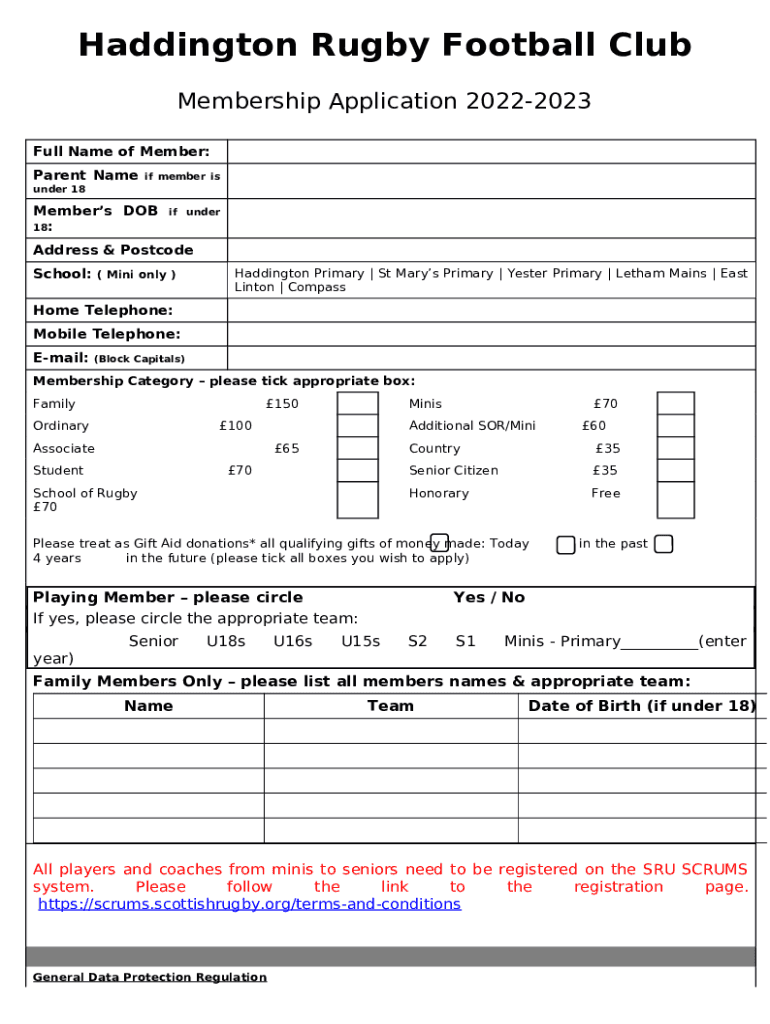 Membership s - Haddington Rugby Football Club Doc Template | pdfFiller