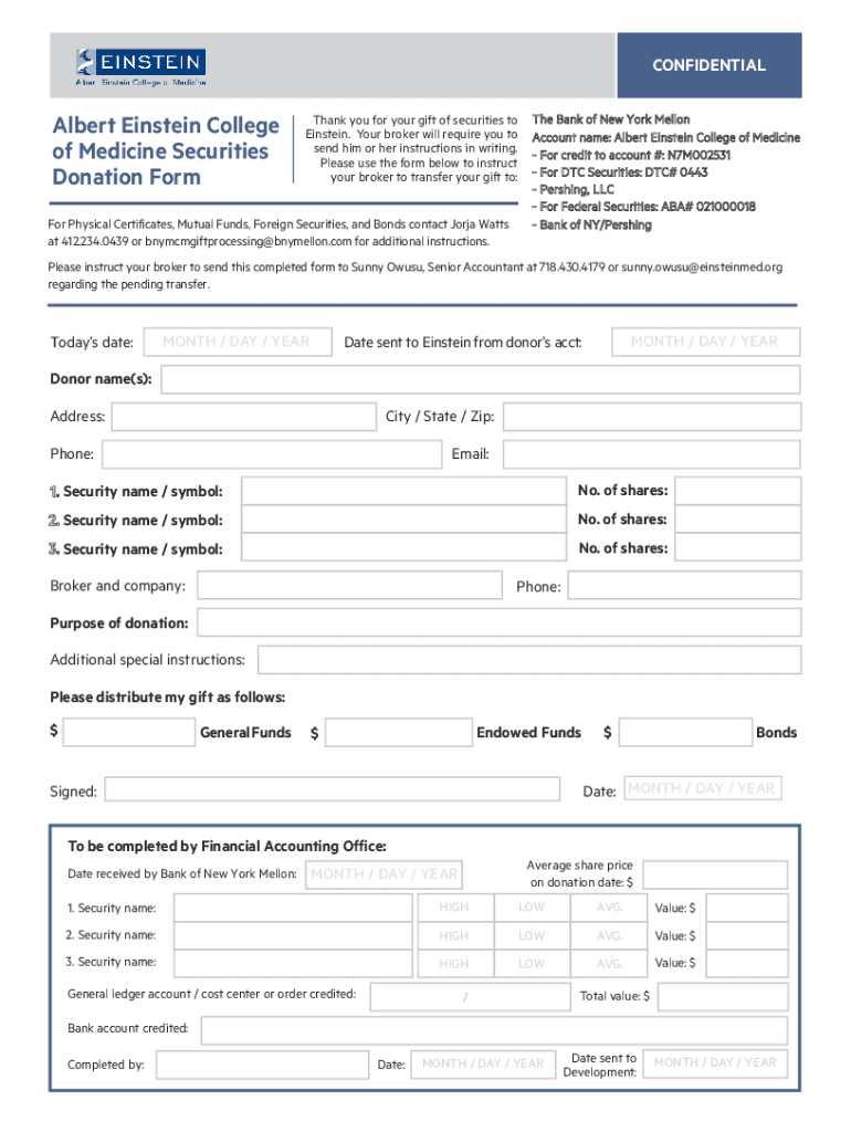 Fillable Online Albert Einstein College of Medicine Securities Donation Form Fax Email Print ...