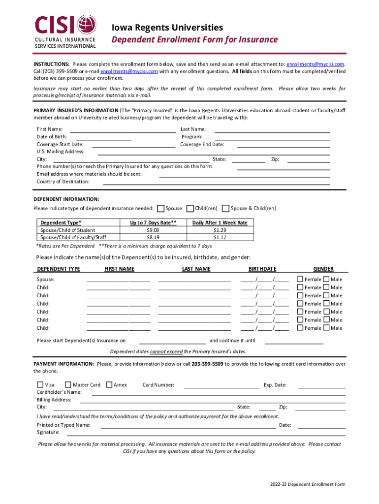 Fillable Online CISI Dependent Enrollment Form. CISI Dependent ...