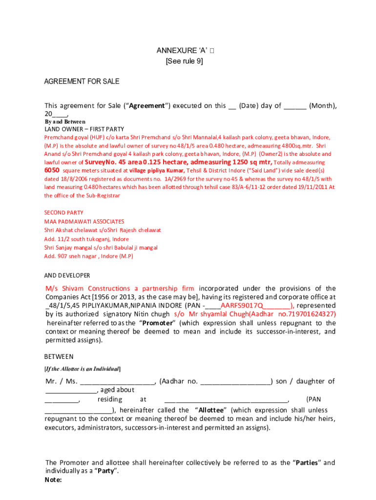 Fillable Online ANNEXURE-A See rule 9 Agreement for Sale This ... Fax ...