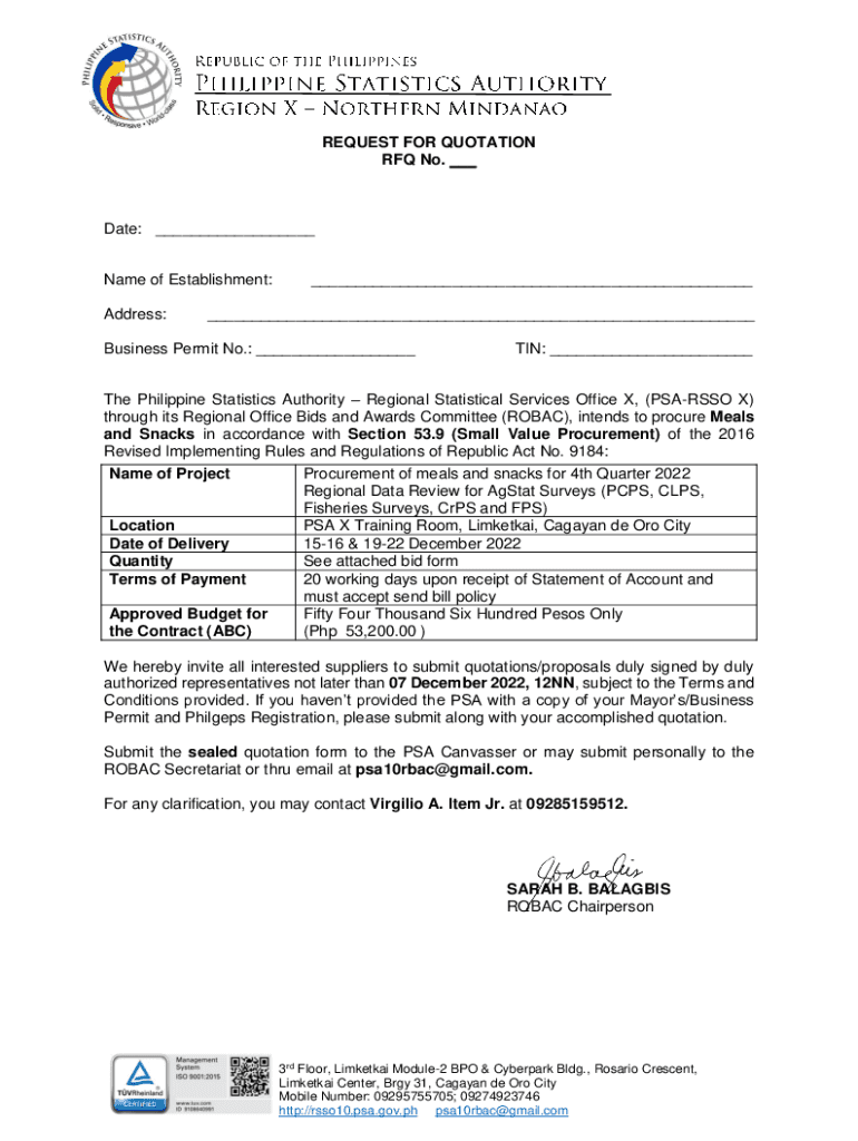 Fillable Online REQUEST FOR QUOTATION The Philippine Statistics Authority Fax Email Print ...