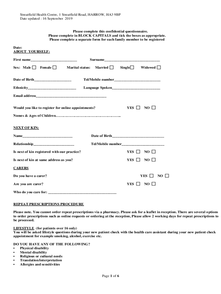 Fillable Online Streatfield Health CentreNHS GP Surgery in Harrow Fax ...