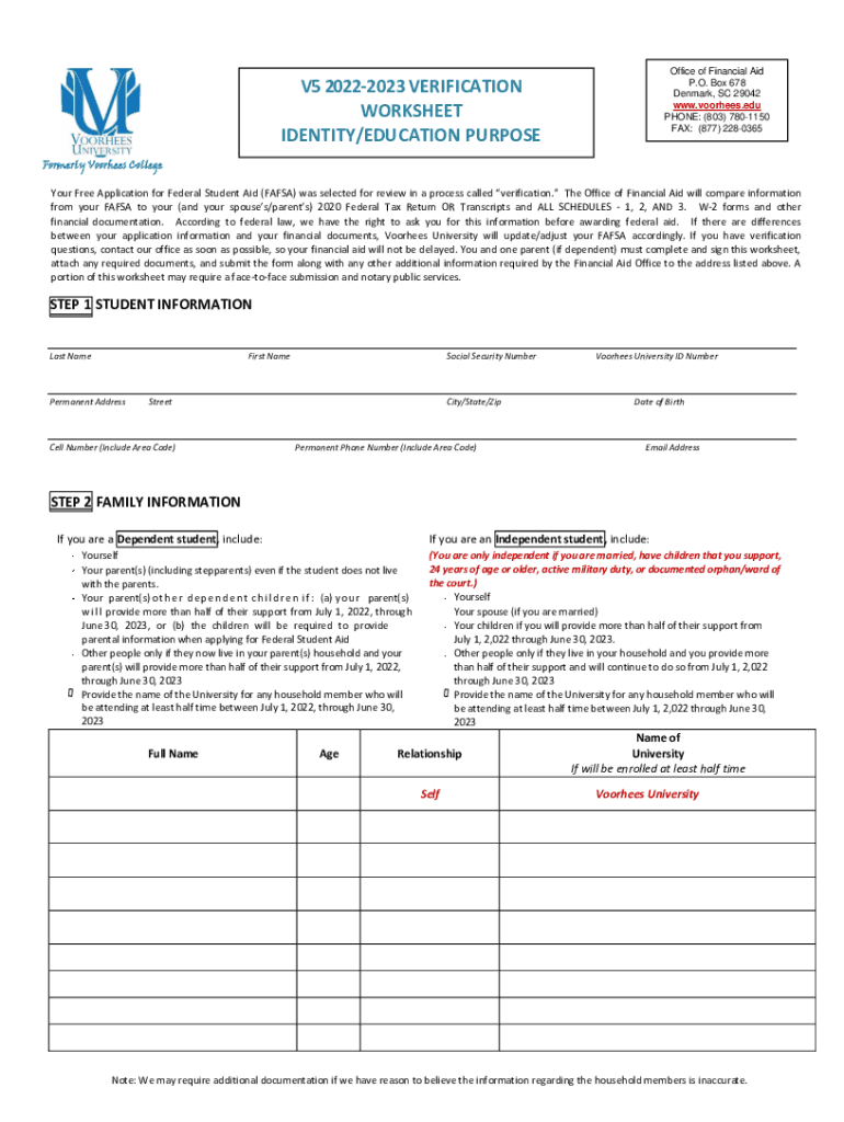Fillable Online V 4 2022-2023 VERIFICATION WORKSHEET Fax Email Print - pdfFiller