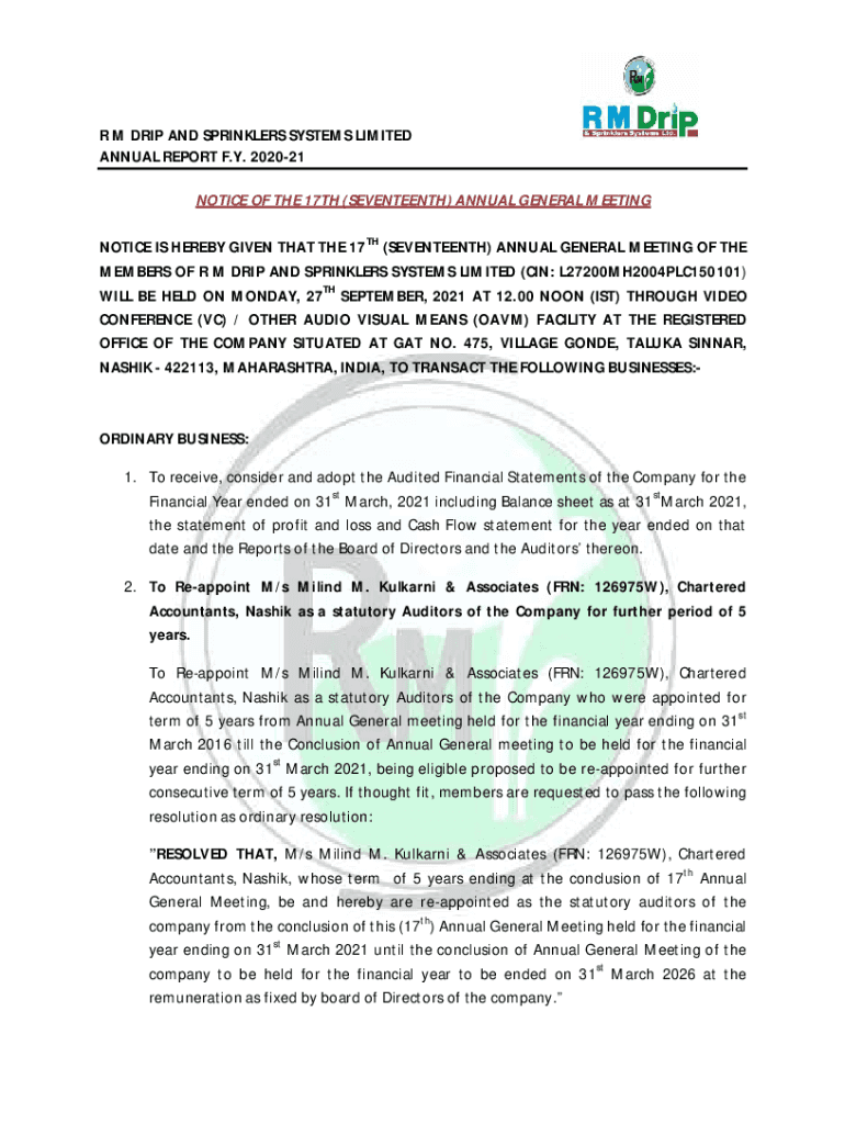 Fillable Online (sixteenth) annual report of rm drip and sprinklers ...