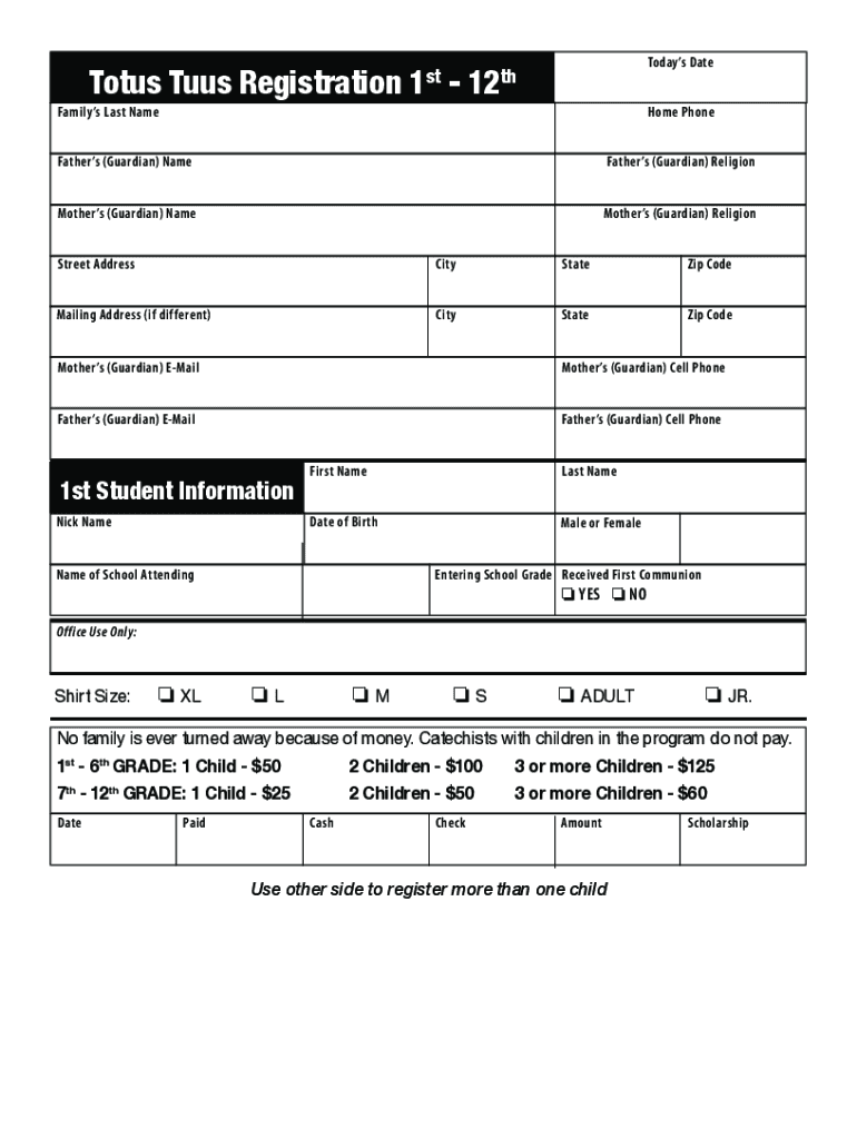 Fillable Online TOTUS TUUS REGISTRATION FORMMary Queen of Peace Fax ...