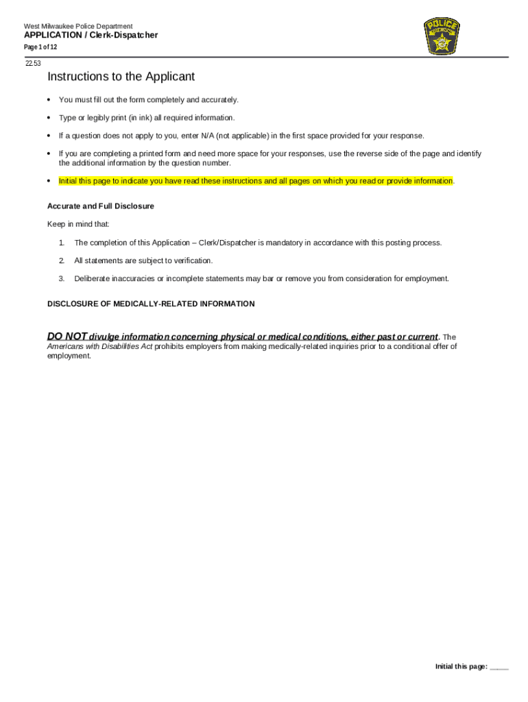 APPLICATION / Clerk-Dispatcher - Village of West Milwaukee Doc Template | pdfFiller