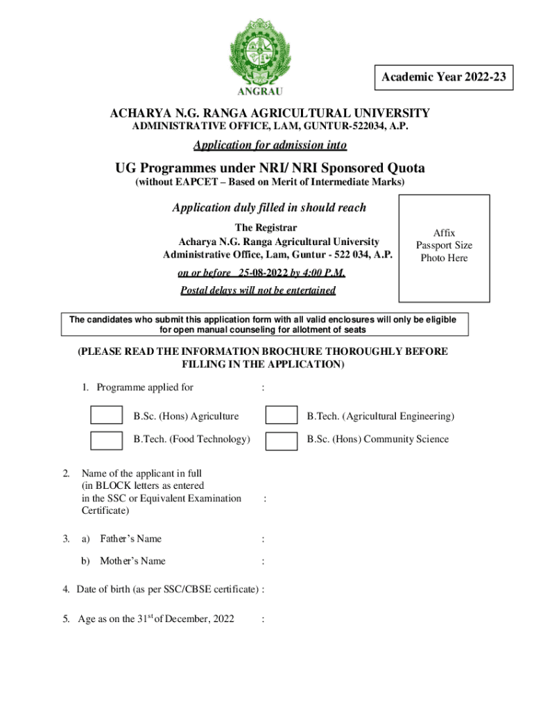 Fillable Online angrau ac UG Programmes under NRI/ NRI Sponsored Quota ...