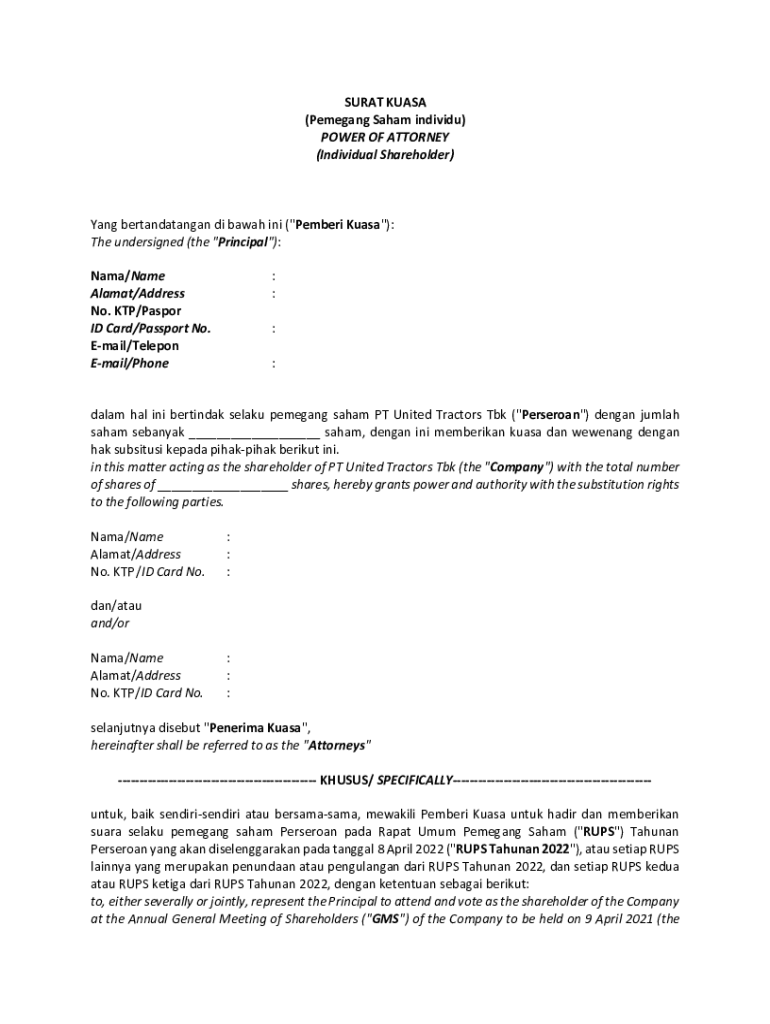 Fillable Online SURAT KUASA - (Pemegang Saham individu) POWER OF ...