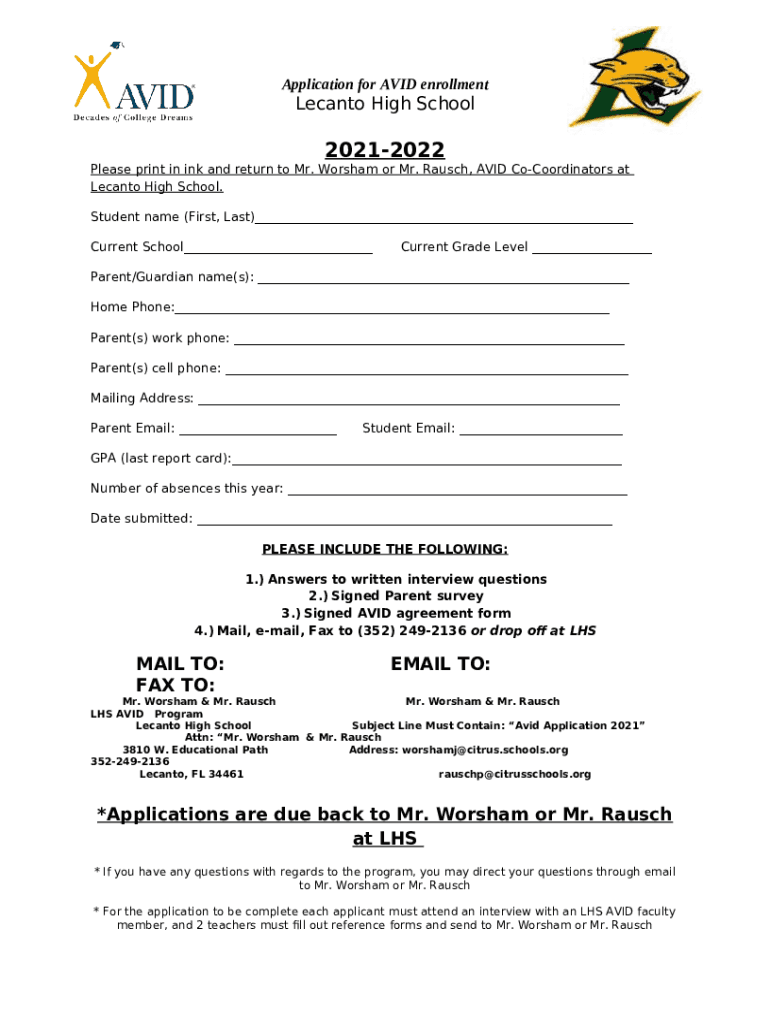 AVID Application s - Lee County Schools Doc Template | pdfFiller