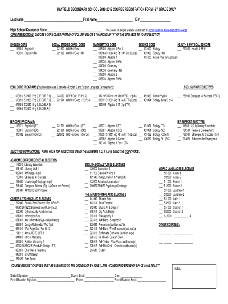 Fillable Online HS New Student RegistrationHayfield Secondary School ...