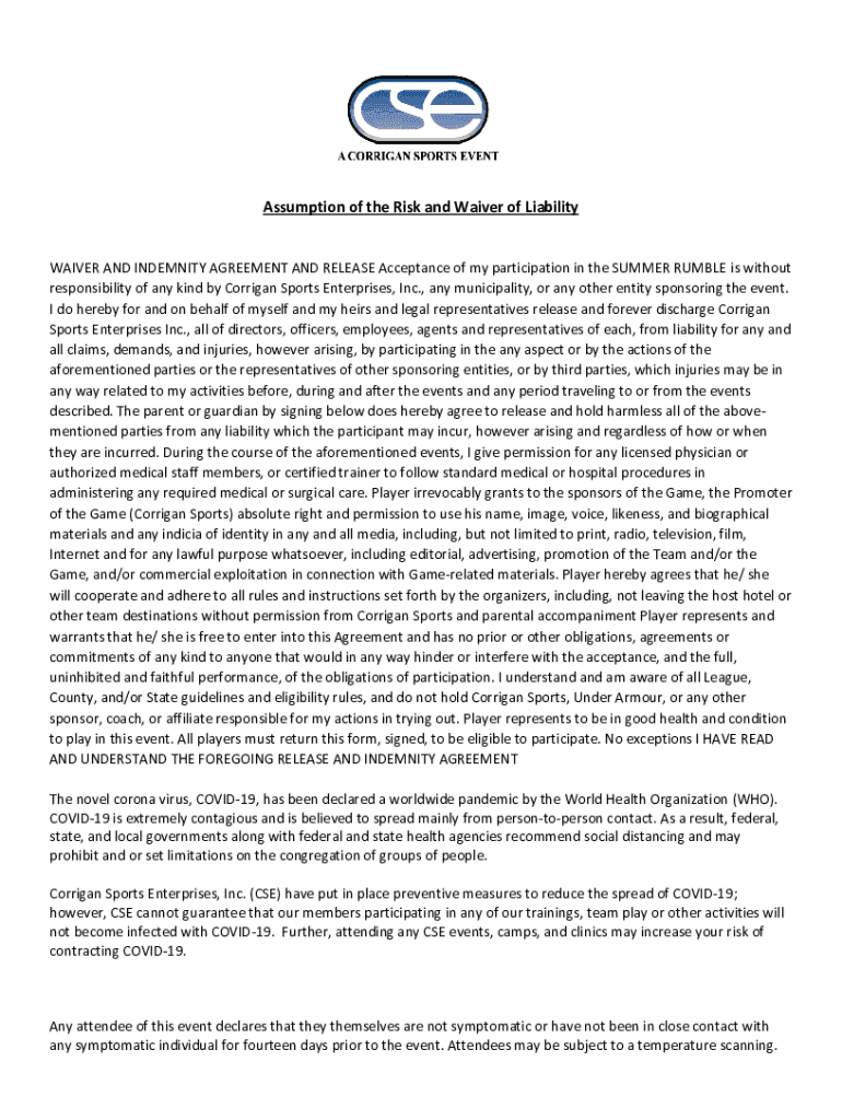 Fillable Online WAIVER AND INDEMNITY AGREEMENT AND RELEASE Acceptance of my participation in the ...