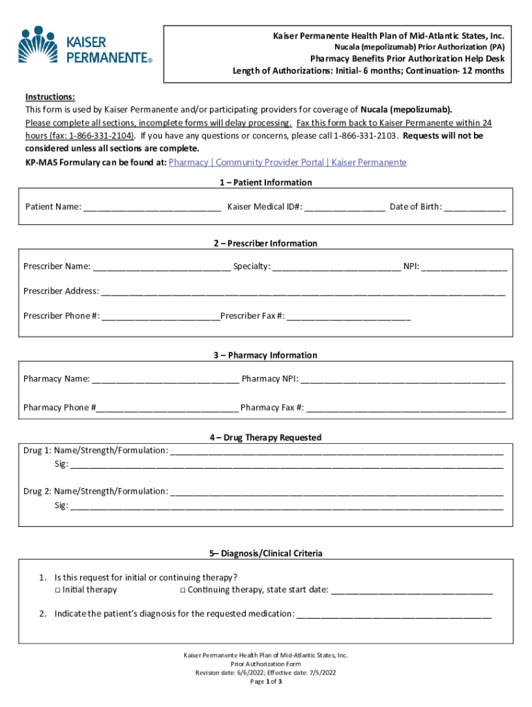 Fillable Online Prior Authorization (PA) Form for (mepolizumab). Prior Authorization (PA) Form ...