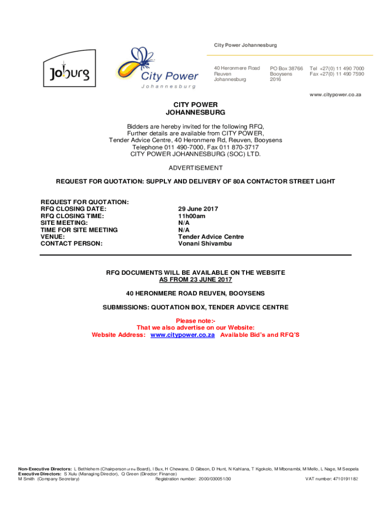 Fillable Online REQUEST FOR QUOTATION: SUPPLY AND DELIVERY OF 80A ...