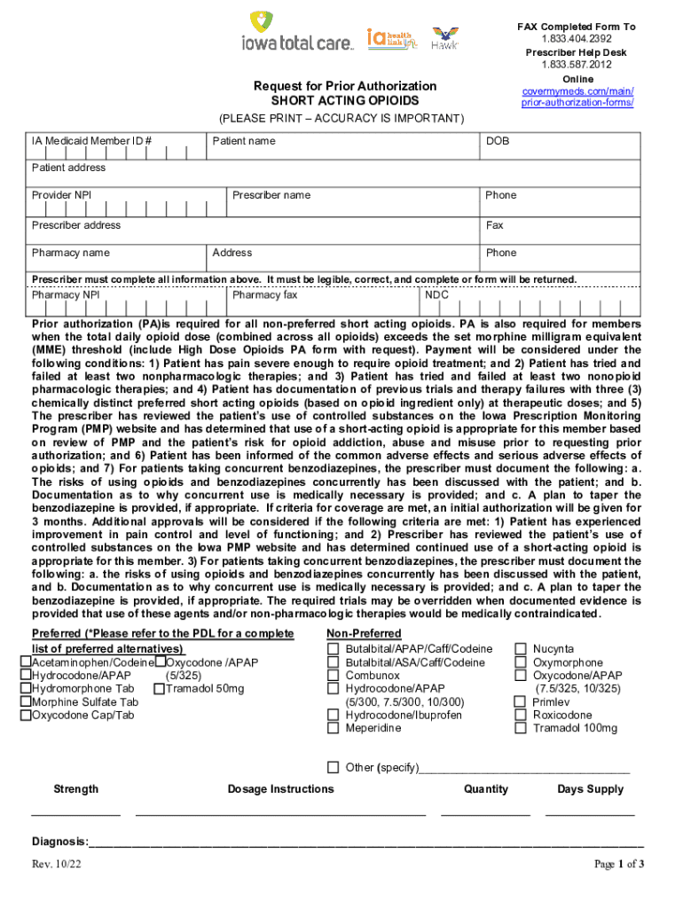 Fillable Online ITC - PA - Short Acting Opioids. Request for Prior ...