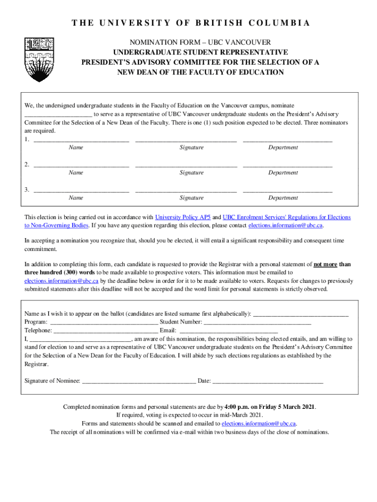 Fillable Online facultystaff students ubc NOMINATION FORM UBC VANCOUVER Fax Email Print - pdfFiller