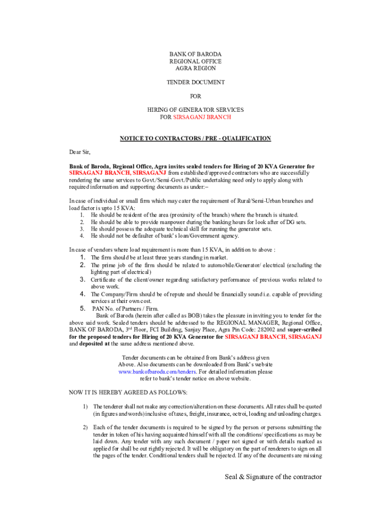 Fillable Online Seal & Signature of the contractor - Bank of Baroda Fax ...