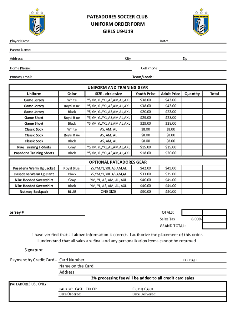 Fillable Online pateadores soccer club girls u9-u19 - uniform order ...