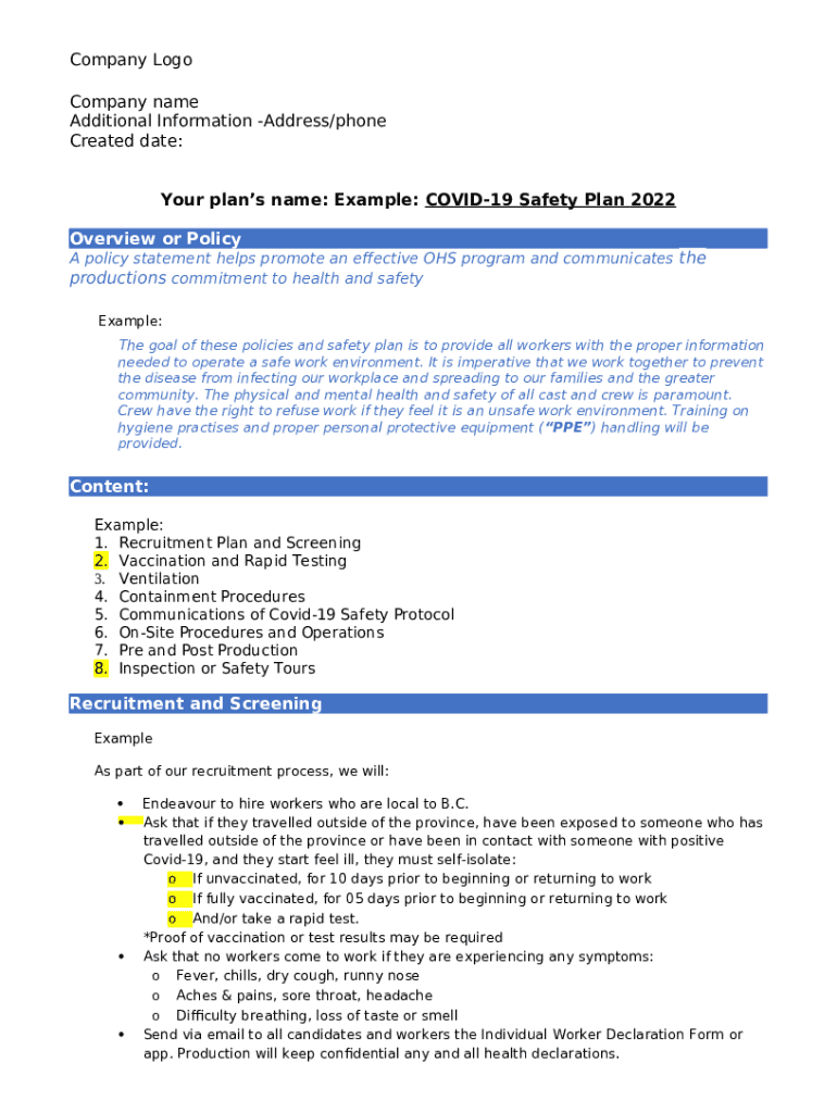 COVID-19 Safety Plan Example Template Doc Template | pdfFiller