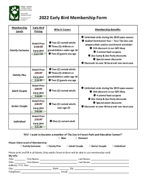 Fillable Online 2022 Early Bird Membership Form - Zoo in Forest Park Fax Email Print - pdfFiller