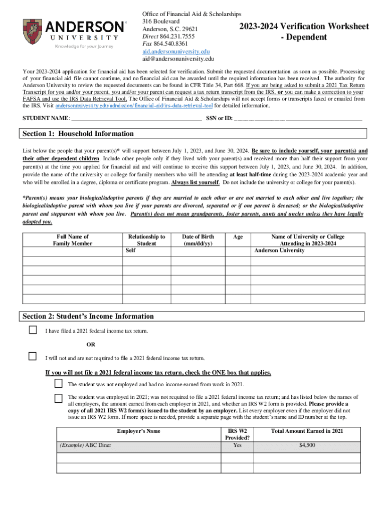 Fillable Online 2023-2024 Verification Worksheet - Dependent Fax Email Print - pdfFiller