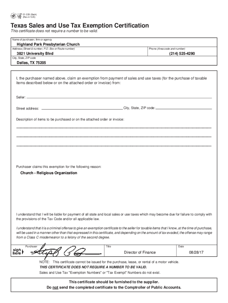 Fillable Online Texas Sales and Use Tax Exemption Certification ...