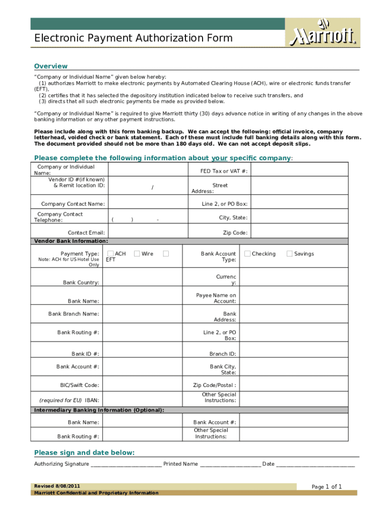 Electronic Funds Transfer Authorization - Marriott Doc Template | pdfFiller