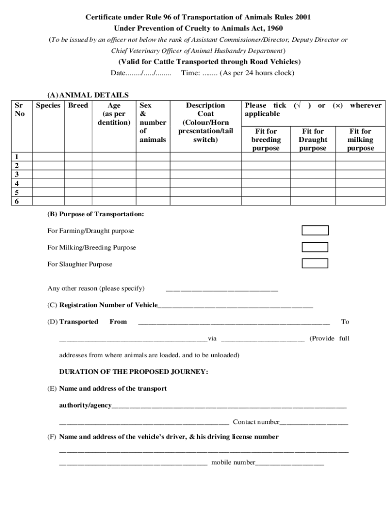 Fillable Online Certificate under Rule 96 of Transportation of Animals ...