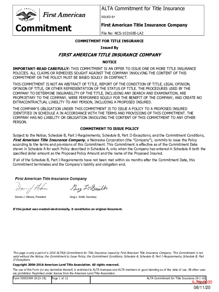 Fillable Online ALTA Commitment for Title Insurance Fax Email Print - pdfFiller